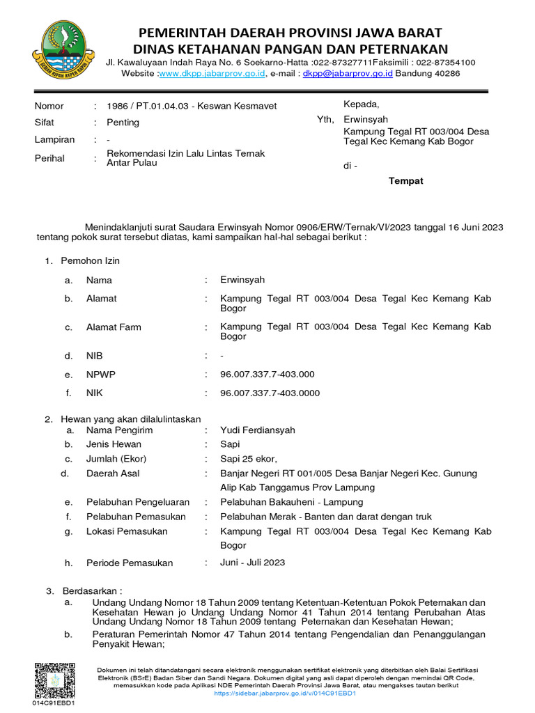 Rekom Lalin Ternak Lampung | PDF