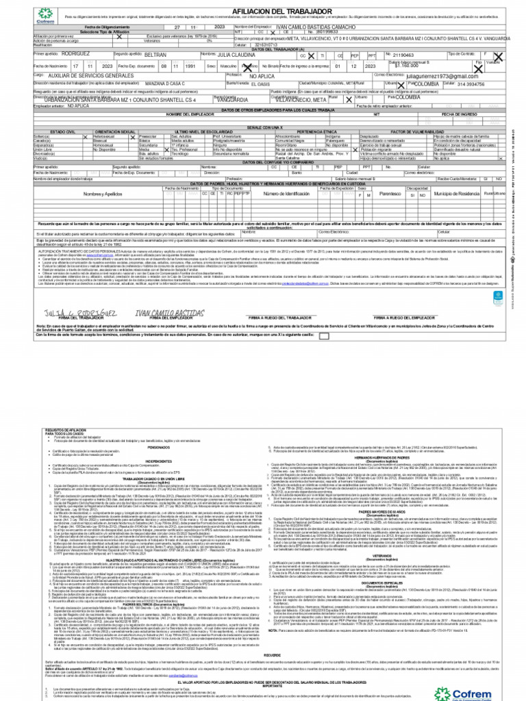 Formulario Afiliacion Trabajador Cofrem-2 | PDF