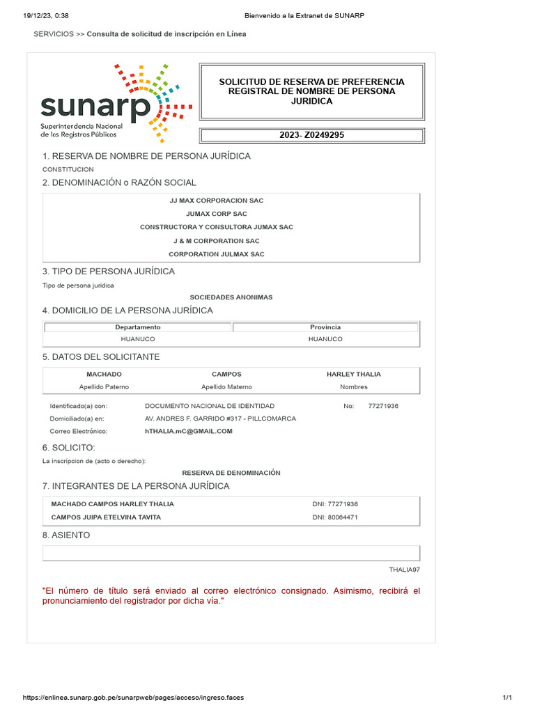 Reserva de Nombre - Sunarp | PDF | Gobierno y personalidad