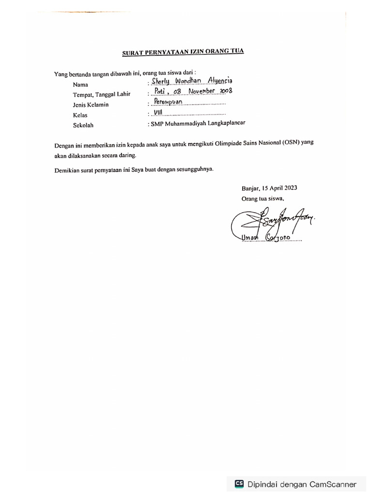 Surat Izin Ortu Sherly | PDF