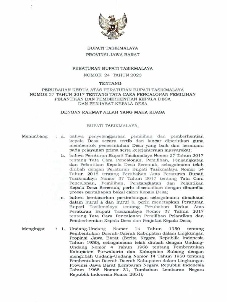 PERBUP NOMOR 24 TAHUN 2023 Tata Cara Pencalonan Pemilihan Pelantikan ...
