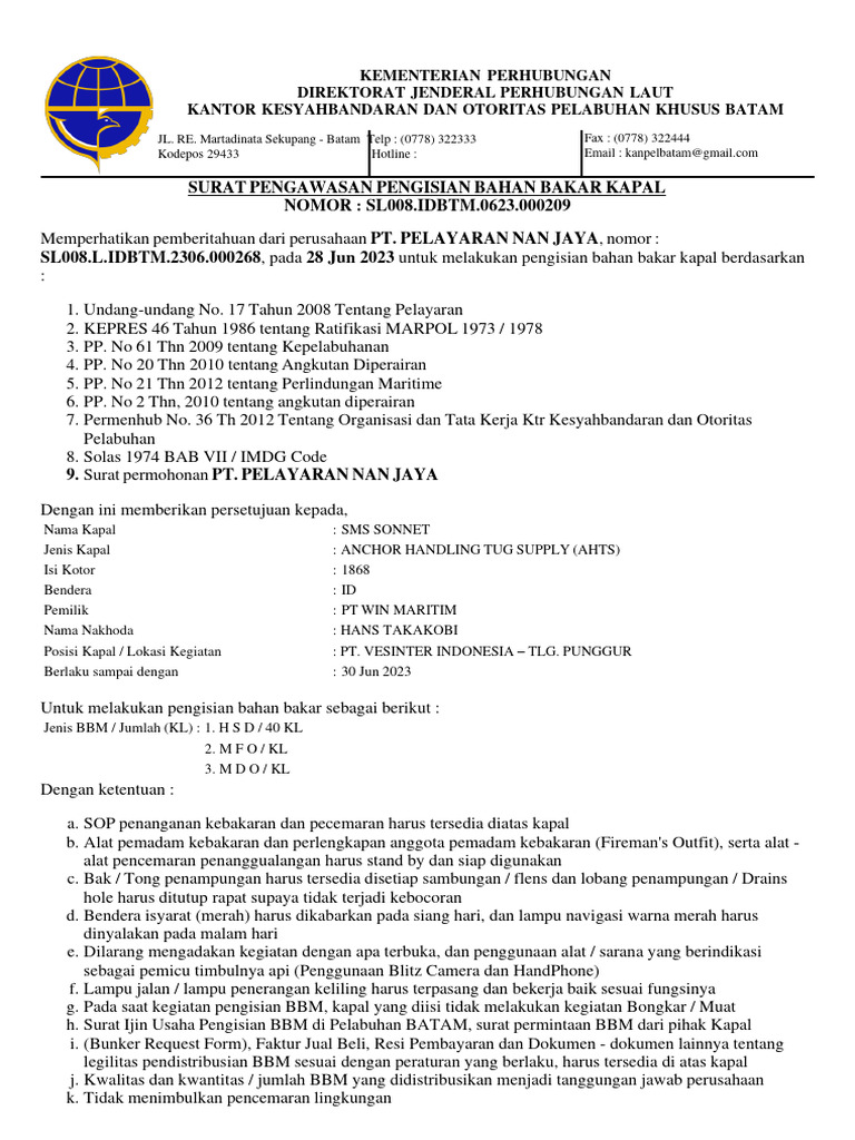 Ijin Pengawasan Bunker BBM 28 SD 30 Juni 2023 | PDF