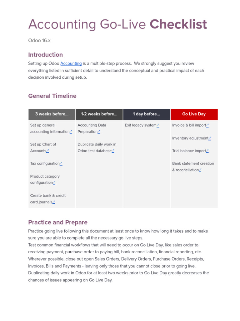Odoo 16 Go-Live Accounting Checklist | PDF | Debits And Credits | Banks
