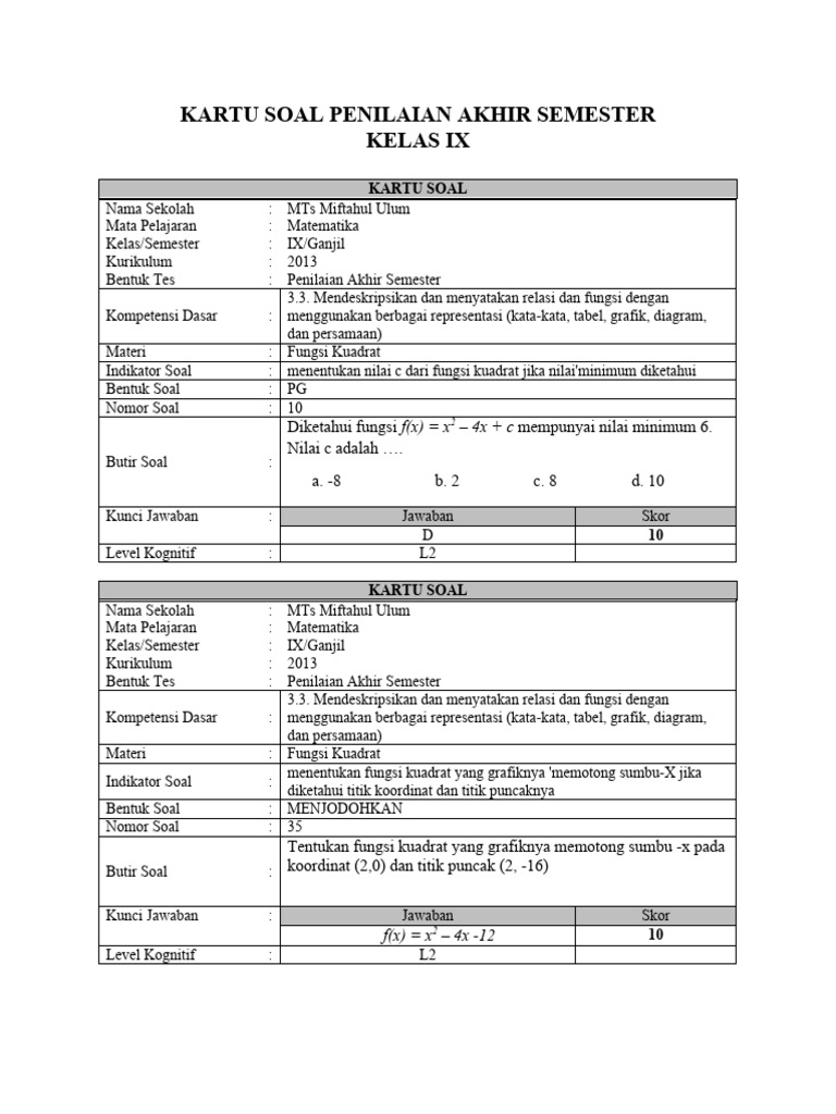 Kelas 9 Kartu Soal Penilaian Akhir Semester | PDF