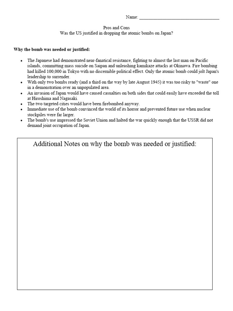 Pros and Cons - Atomic Bombs | PDF | Atomic Bombings Of Hiroshima And ...