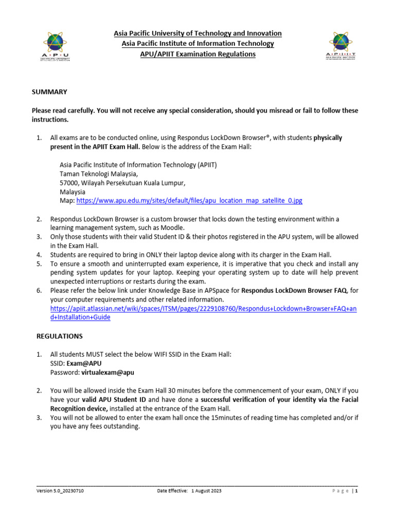 APU-APIIT Examination Regulations - Version 5.0 - 20230710 | PDF ...
