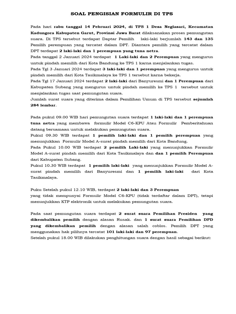 Soal Pengisian Formulir c1 Tps 1 Revisi | PDF