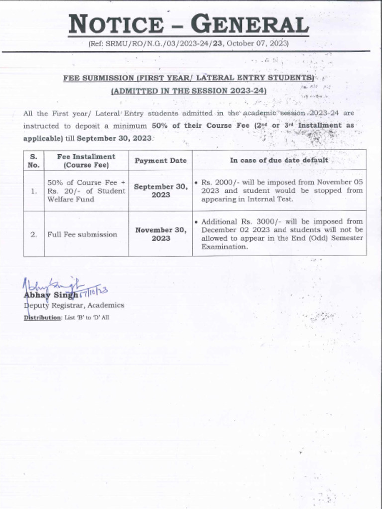 Fee Submission (First Year Lateral Entry Students (Admitted in The ...
