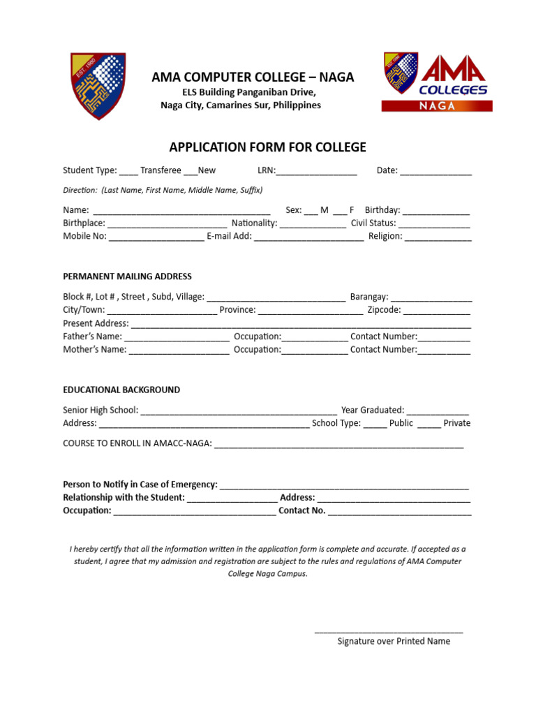 Application Form For College | PDF | Career & Growth