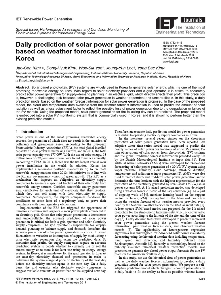 Daily Solar Power Prediction Model | PDF | Photovoltaic System | Solar ...