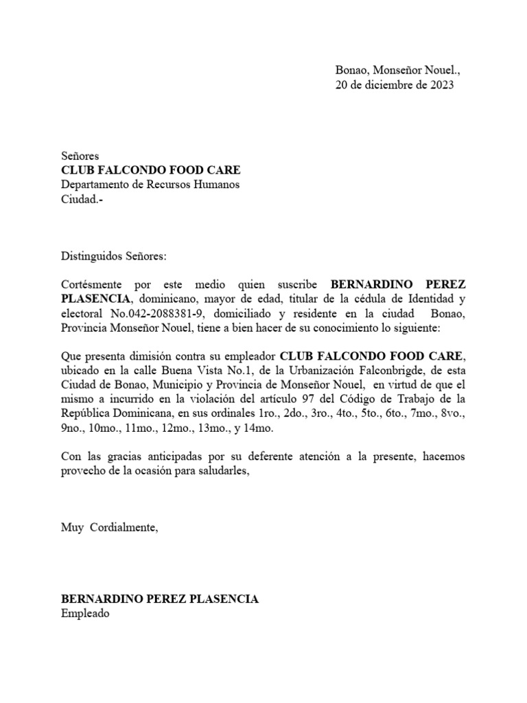 Comunicacion de Dimision. Bernardino Perez Plasencia. Club Falcondo ...