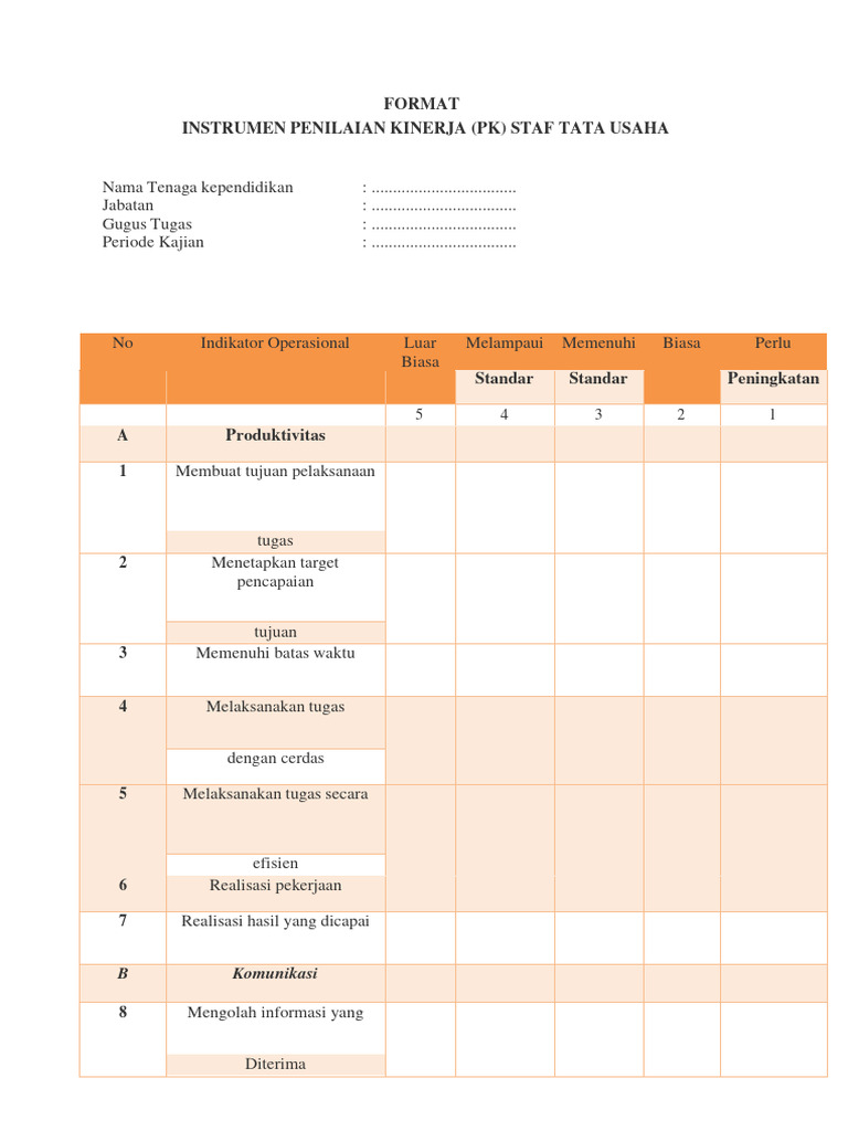 Dokumen Penilaian Kinerja Tenaga Kependidikan Berupa Format Penilaian ...