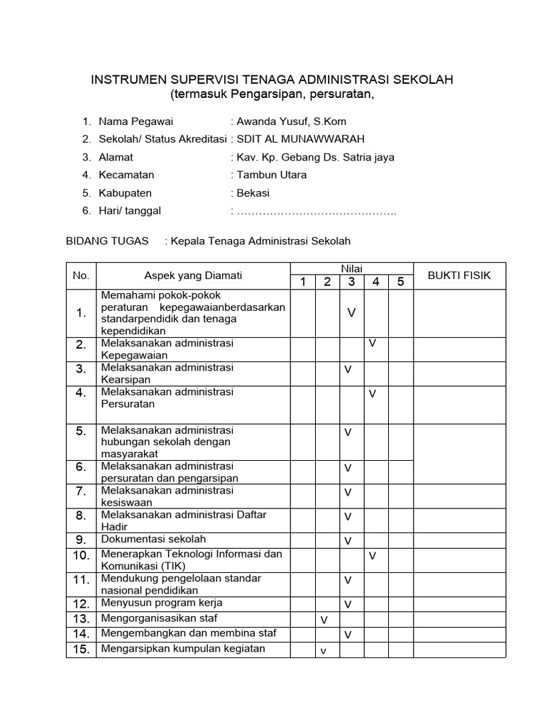 INSTRUMEN SUPERVISI TENAGA ADMINISTRASI SEKOLAH | PDF