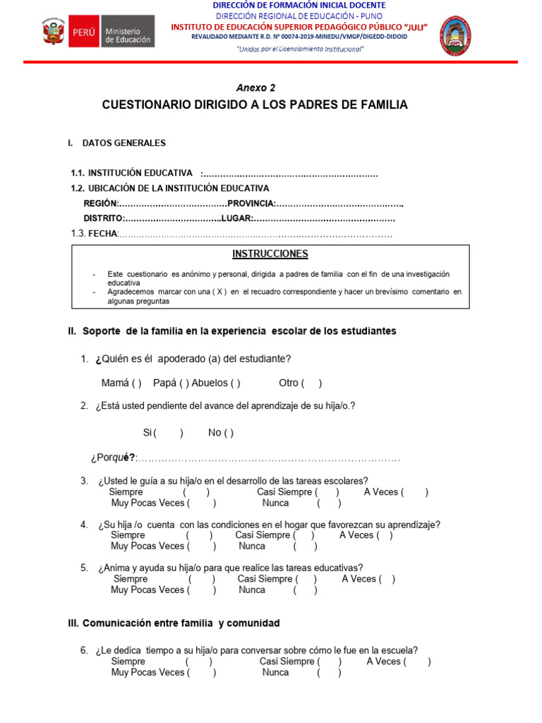 Cuestionario Dirigido A Los Padres de Familia | PDF | Maestros ...