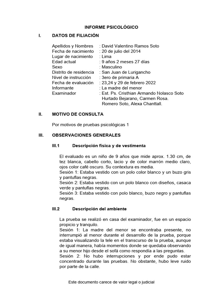 INFORME PSICOLÓGICO DE WISC V - VALENTINO | PDF | Cociente de inteligencia | Procesos mentales