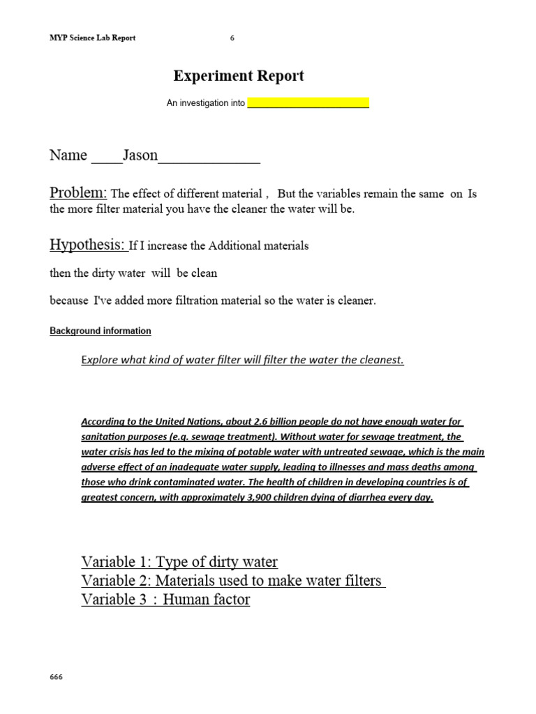 MYP Science Lab Report - Jason | PDF | Filtration | Water