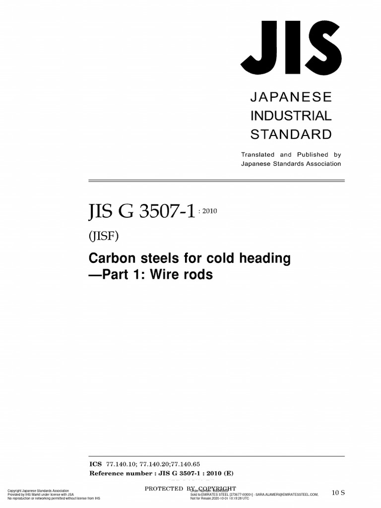 JIS - G - 3507-1 - Carbon Steels For Cold Heading - Part 1 Wire Rods ...