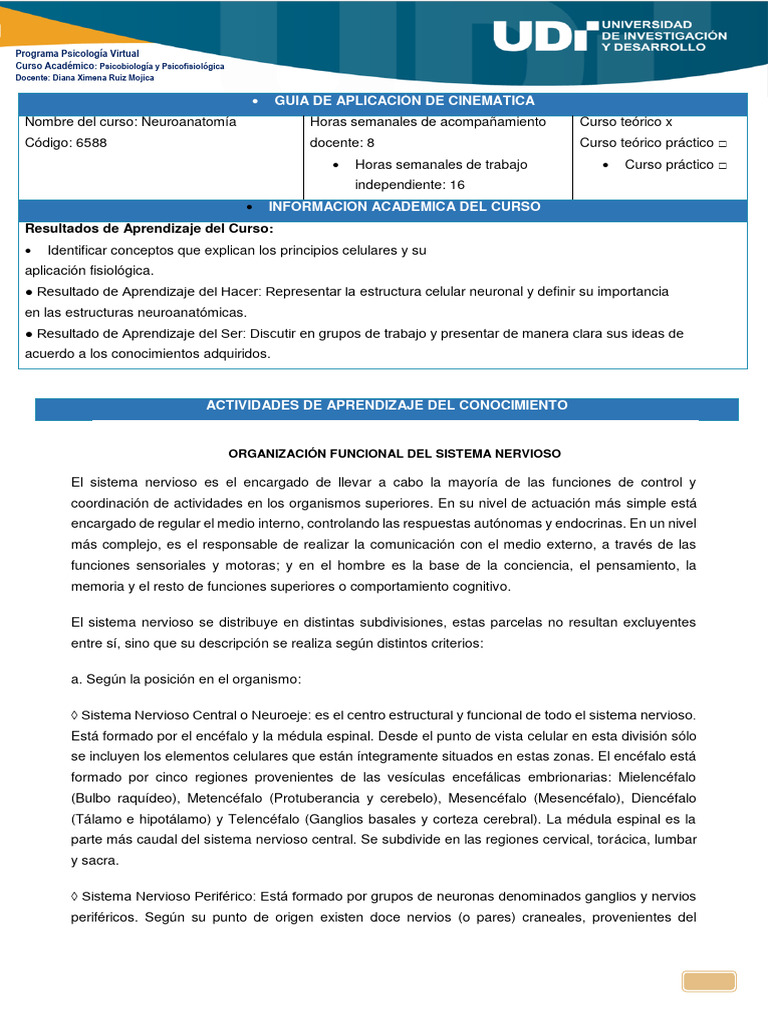Guía de Aprendizaje La Generalidades Del Sistema Nervioso | PDF | Sistema nervioso central | Cerebro