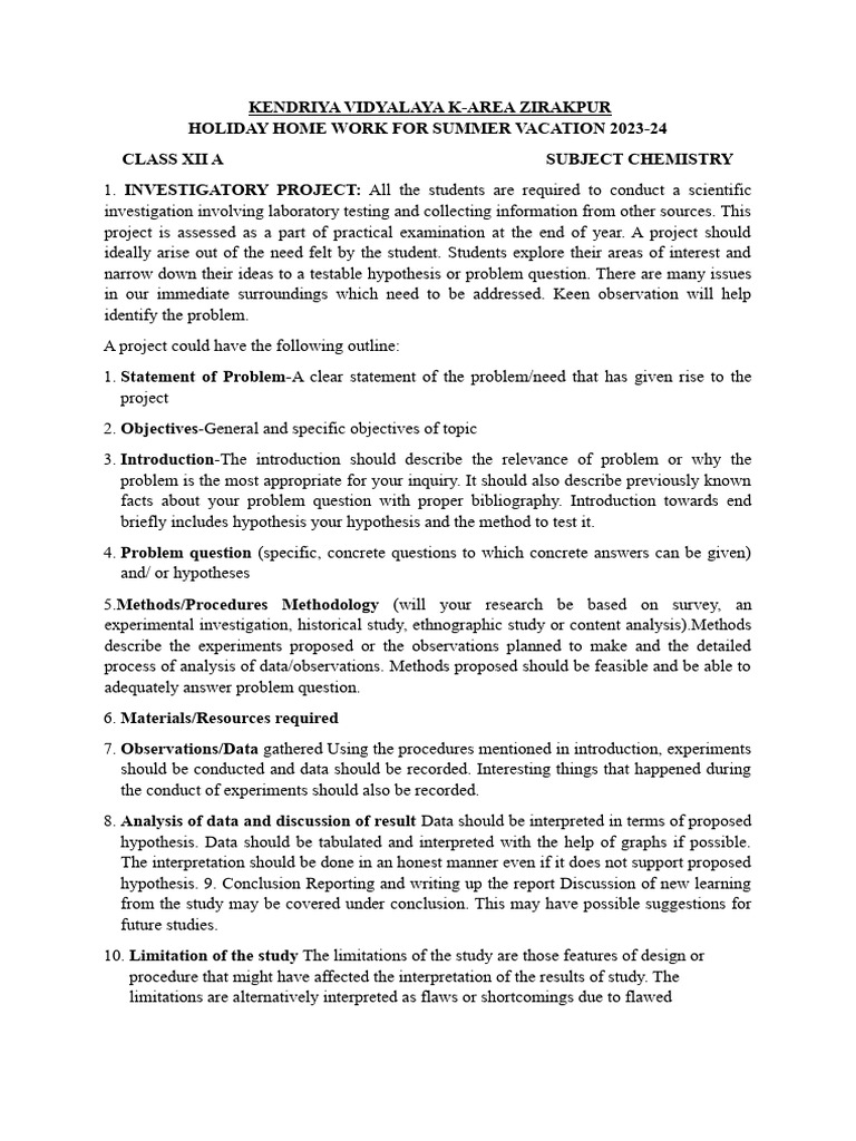 Holiday Homework Class Xii-A | PDF