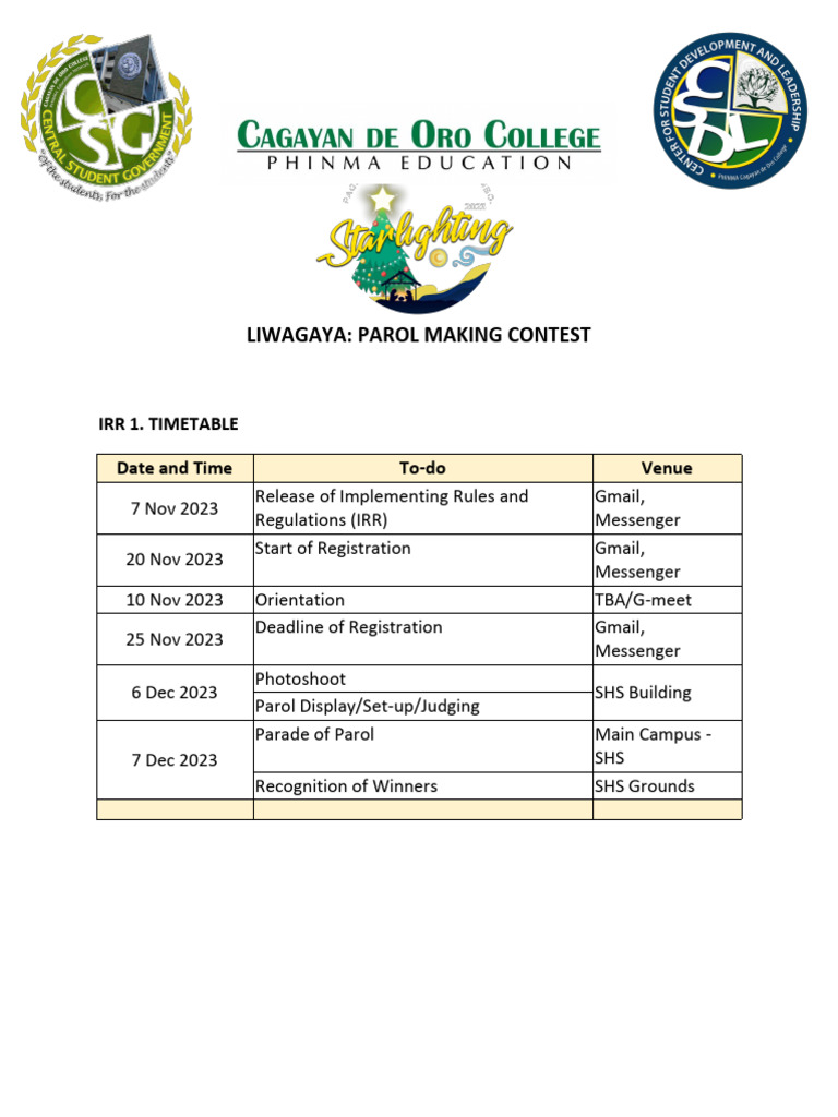 Liwagaya: Parol Making Contest: Irr 1. Timetable Date and Time To-Do ...