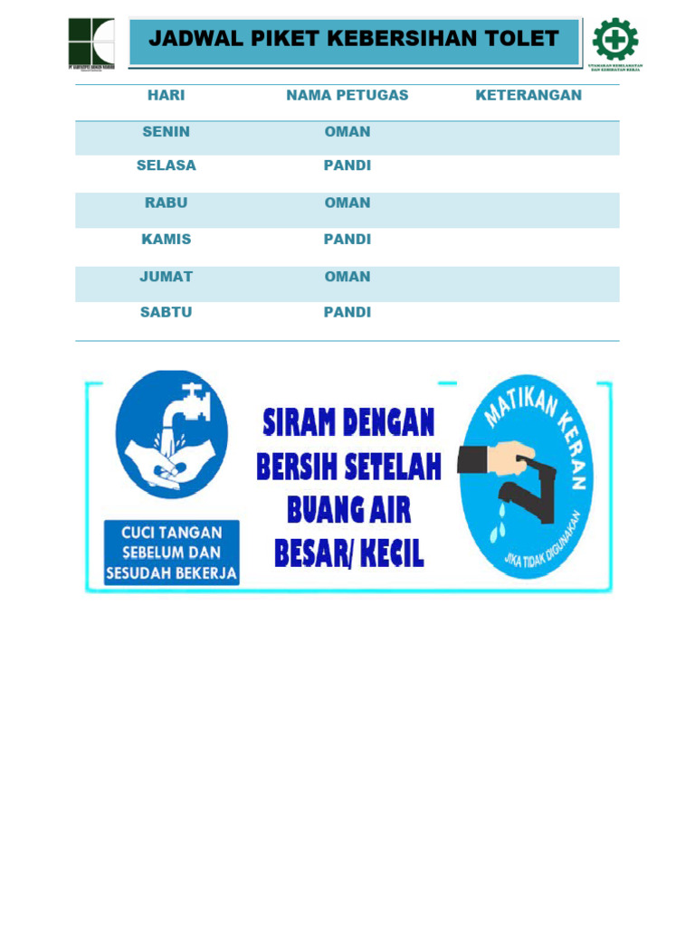 Jadwal Piket Kebersihan Toilet | PDF