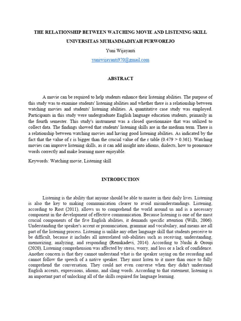 THE RELATIONSHIP BETWEEN WATCHING MOVIE AND LISTENING SKIL - Full Paper | PDF | English As A ...