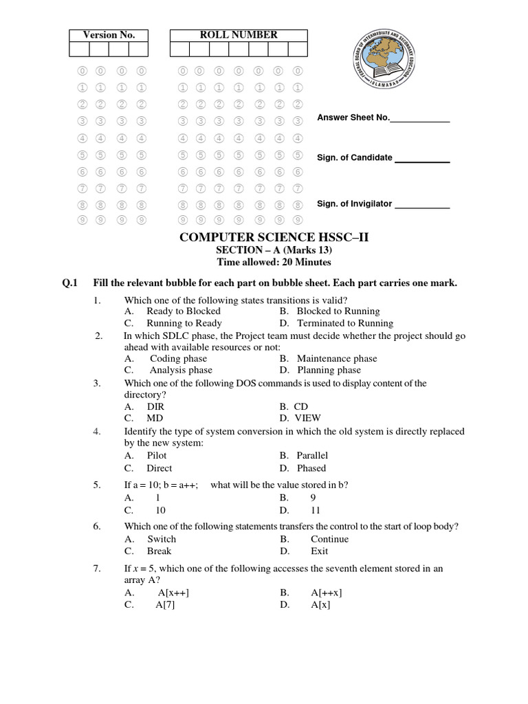 Final Hssc Ii Model Paper Computer Science Pdf C Programming Paradigms 9152