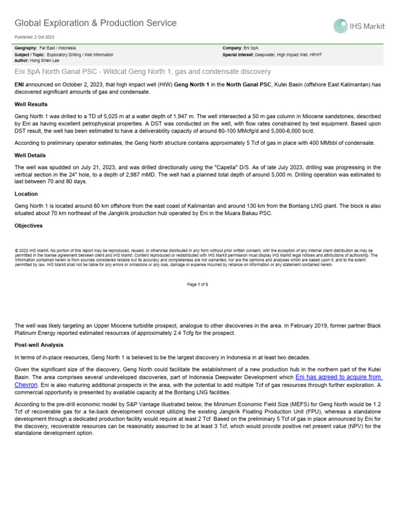 Eni SpA North Ganal PSC - Wildcat Geng North 1, Gas and Condensate ...