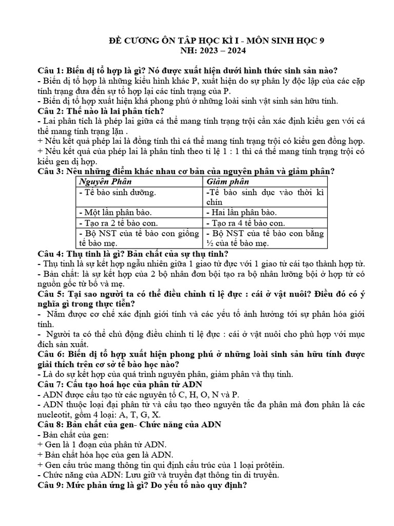 ĐỀ CƯƠNG ÔN TÂP MÔN SINH HỌC 9 - HKI | PDF