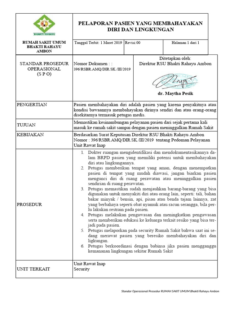 AKP 5.3 EP 3 SPO PELAPORAN PASIEN YANG MEMBAHAYAKAN DIRI Dan LINGKUNGAN | PDF