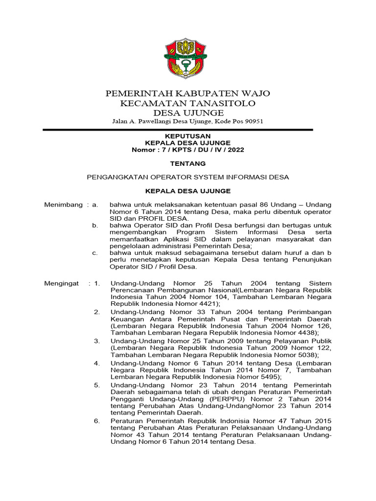 SK 7 Pengangkatan Operator SID - 2022 | PDF