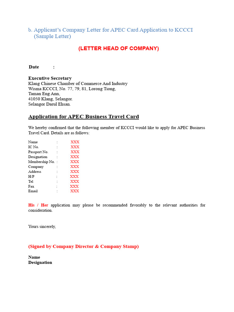 b. Applicant's Company Letter for APEC Card Application to KCCCI | PDF