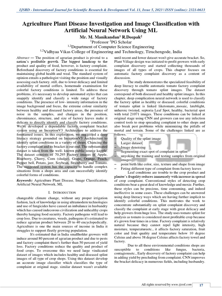 Agriculture Plant Disease Investigation And Image Classification With Artificial Neural Network