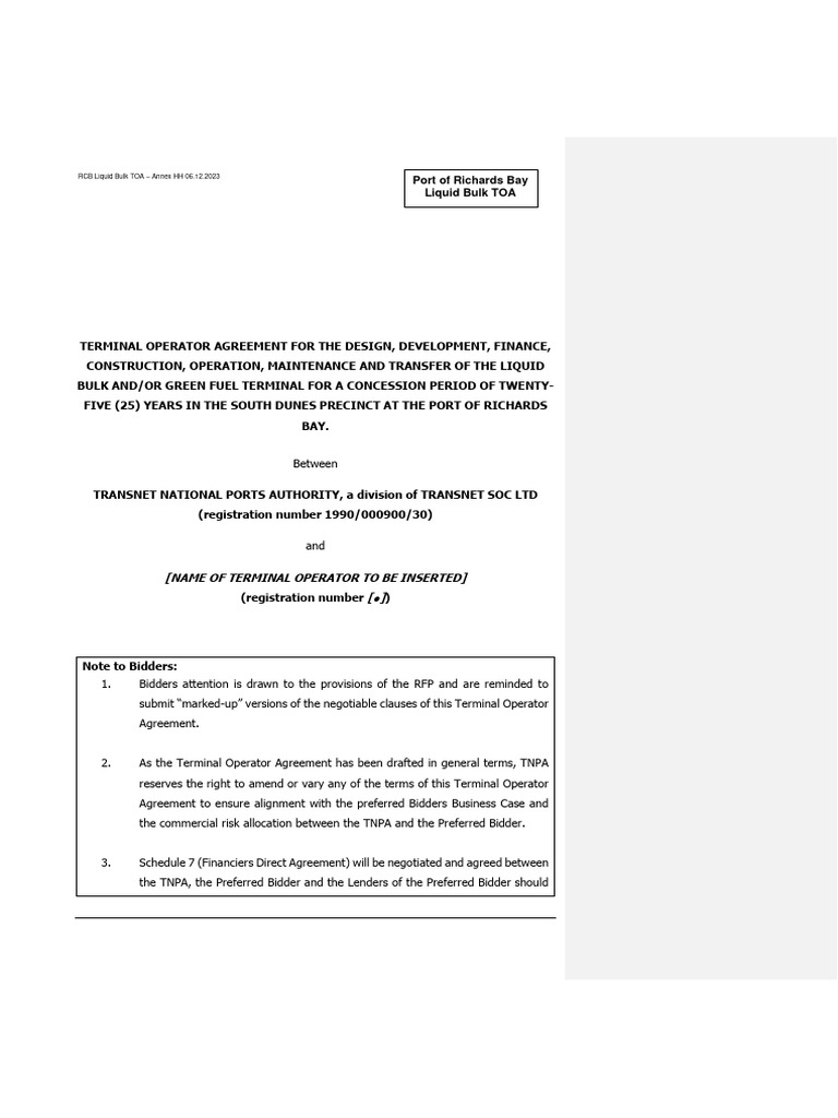 ANNEXURE HH - Draft Terminal Operator Agreement | PDF | Breach Of ...