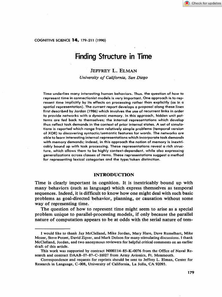 Representing Time in Connectionist Models | PDF | Word | Cognitive Science