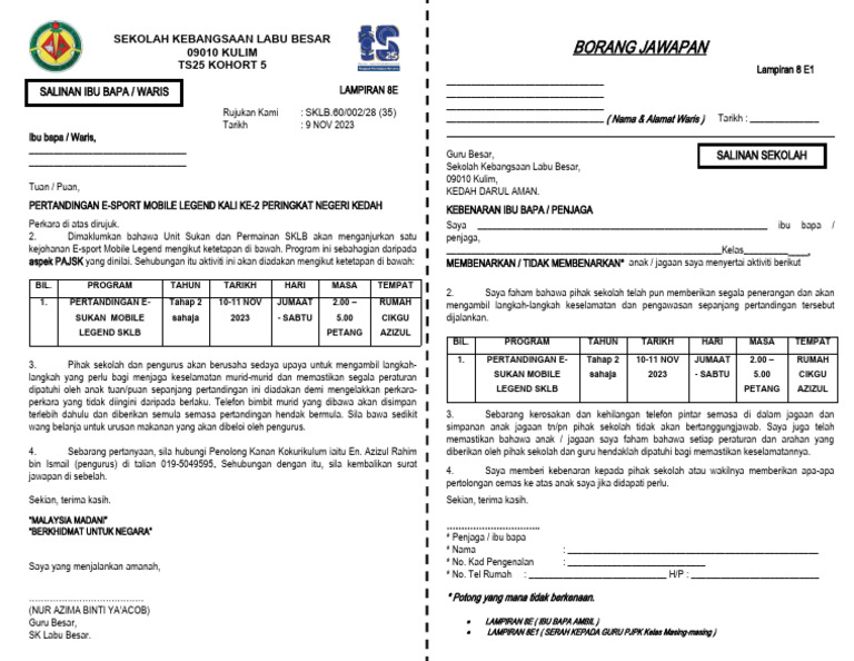 Surat Kebenaran Waris E-Sport MLBB 2023 | PDF
