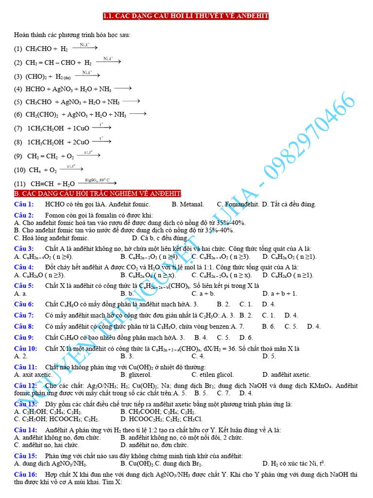 LÝ THUYẾT ANDEHIT TTT | PDF
