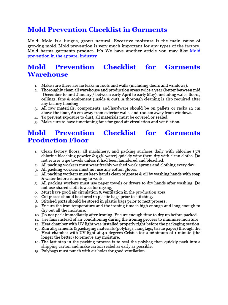 Mold Prevention Checklist in Garments | Download Free PDF | Clothing ...