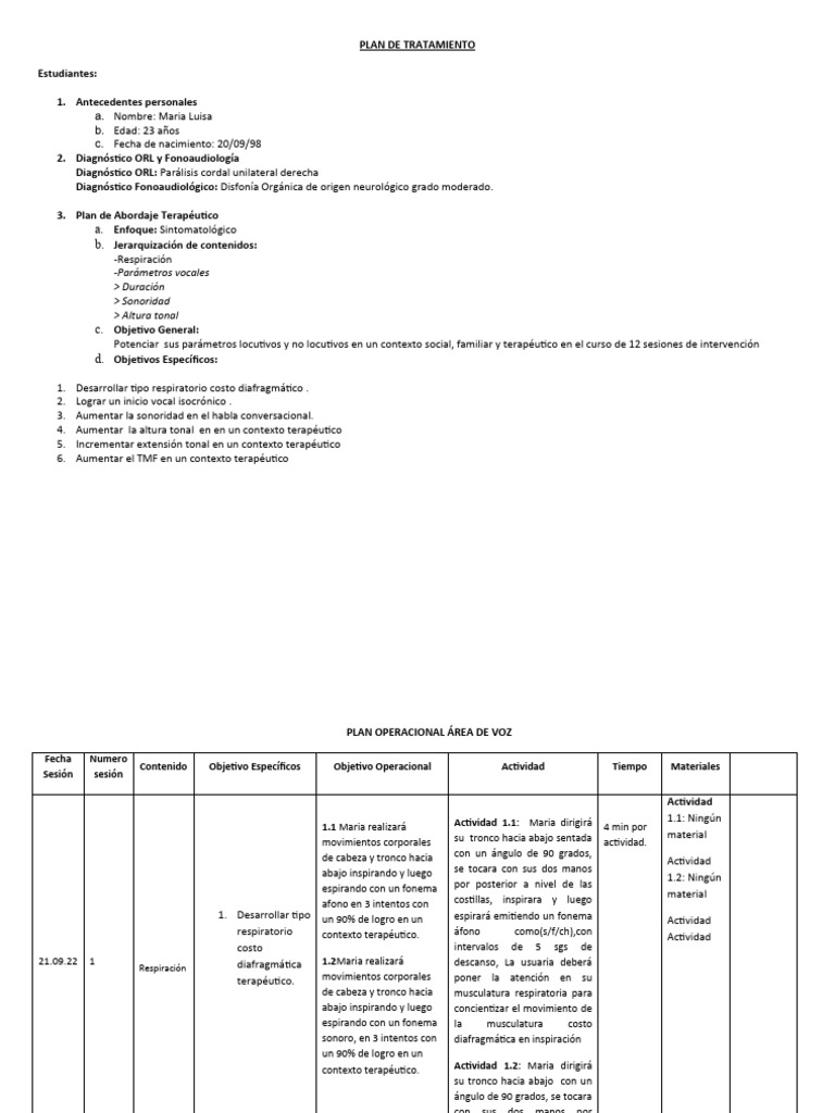 Formato Plan Terapéutico y Operacional | PDF | Fonética | Comunicación humana