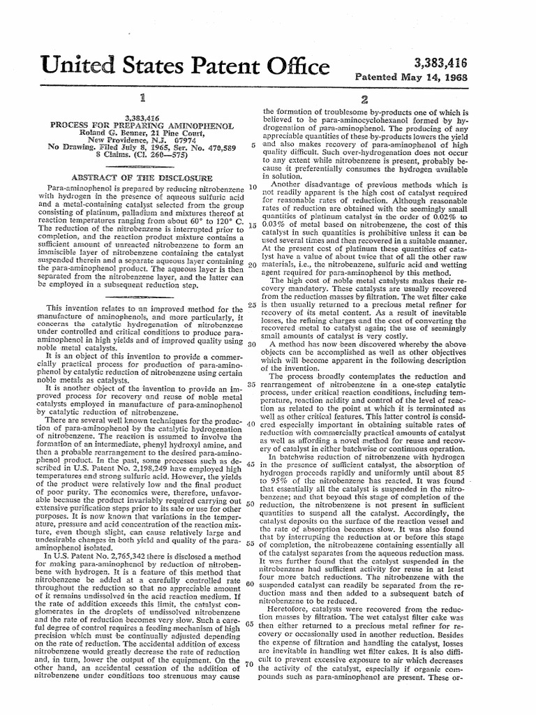US3383416-Process For Preparing Aminophenol | PDF | Catalysis ...