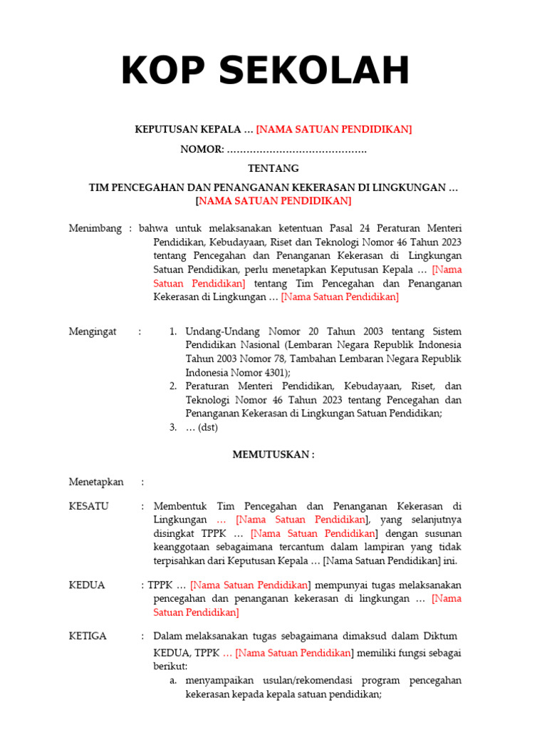 Lampiran 2 - Contoh SK Kepala Satuan Pendidikan Pembentukan TPPK | PDF