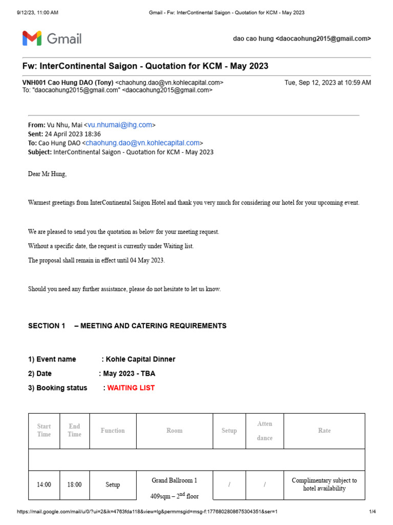 InterContinental Saigon - Quotation For KCM - May 2023 | PDF