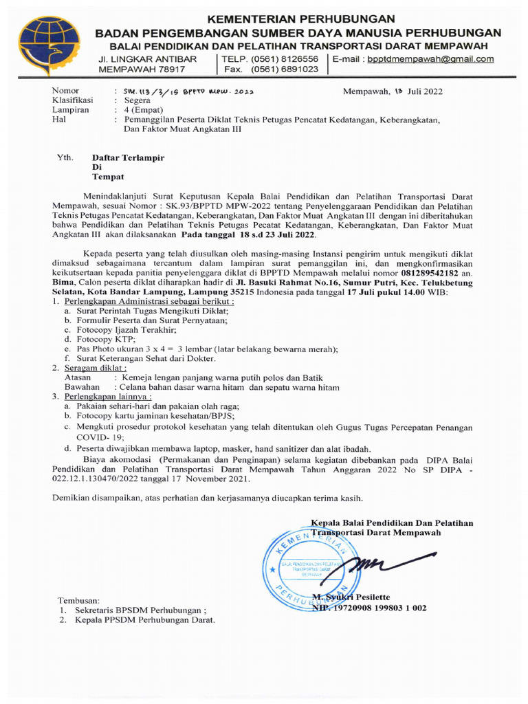 SM.113.3.15.BPPTD MPW-2022 Pemanggilan Peserta Diklat Teknis Petugas Pecatat Kedatangan ...
