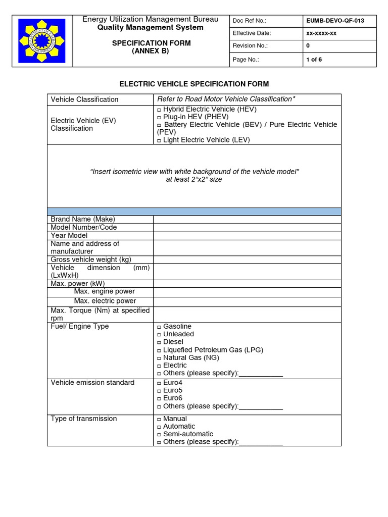 dc2023-05-0012 - Annex B - Electric Vehicle Specification Form | PDF