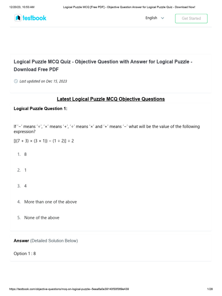 Logical Puzzle MCQ (Free PDF) - Objective Question Answer For Logical ...