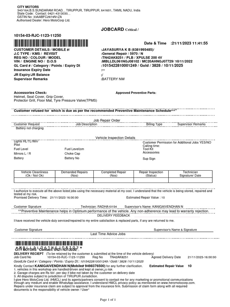 MBLLDL061NGJ08102 : Jobcard | PDF | Vehicles | Land Vehicles