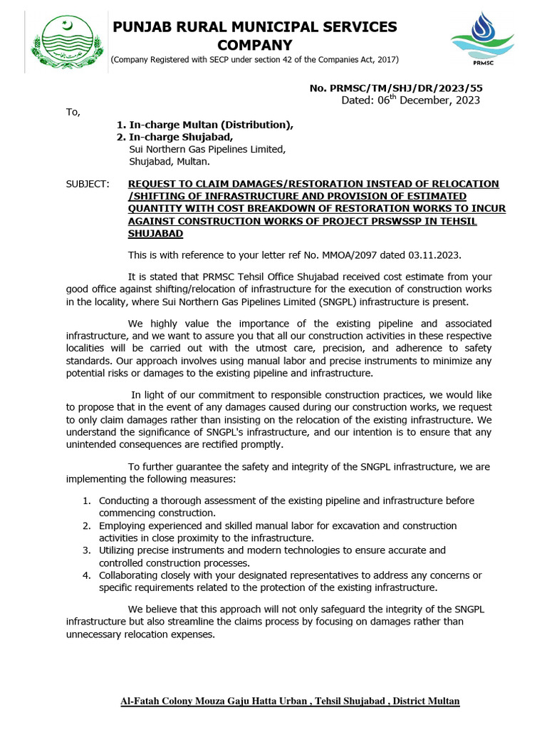 55 SNGPL Reply To Relocation of Services | PDF | Infrastructure ...