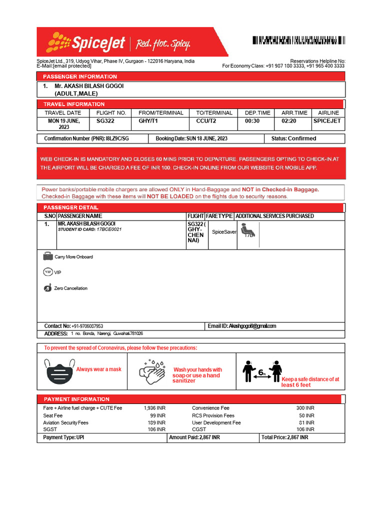 Spicejet Ticketpdf | Download Free PDF | Credit Card | Debit Card