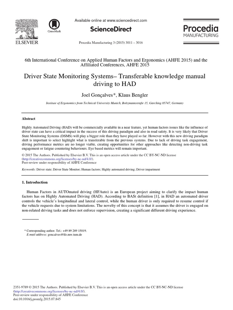 Driver State Monitoring Systems - Transferable Knowledge Manual Driving ...