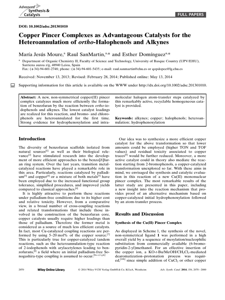 Adv Synth Catal - 2014 - Moure - Copper Pincer Complexes As ...